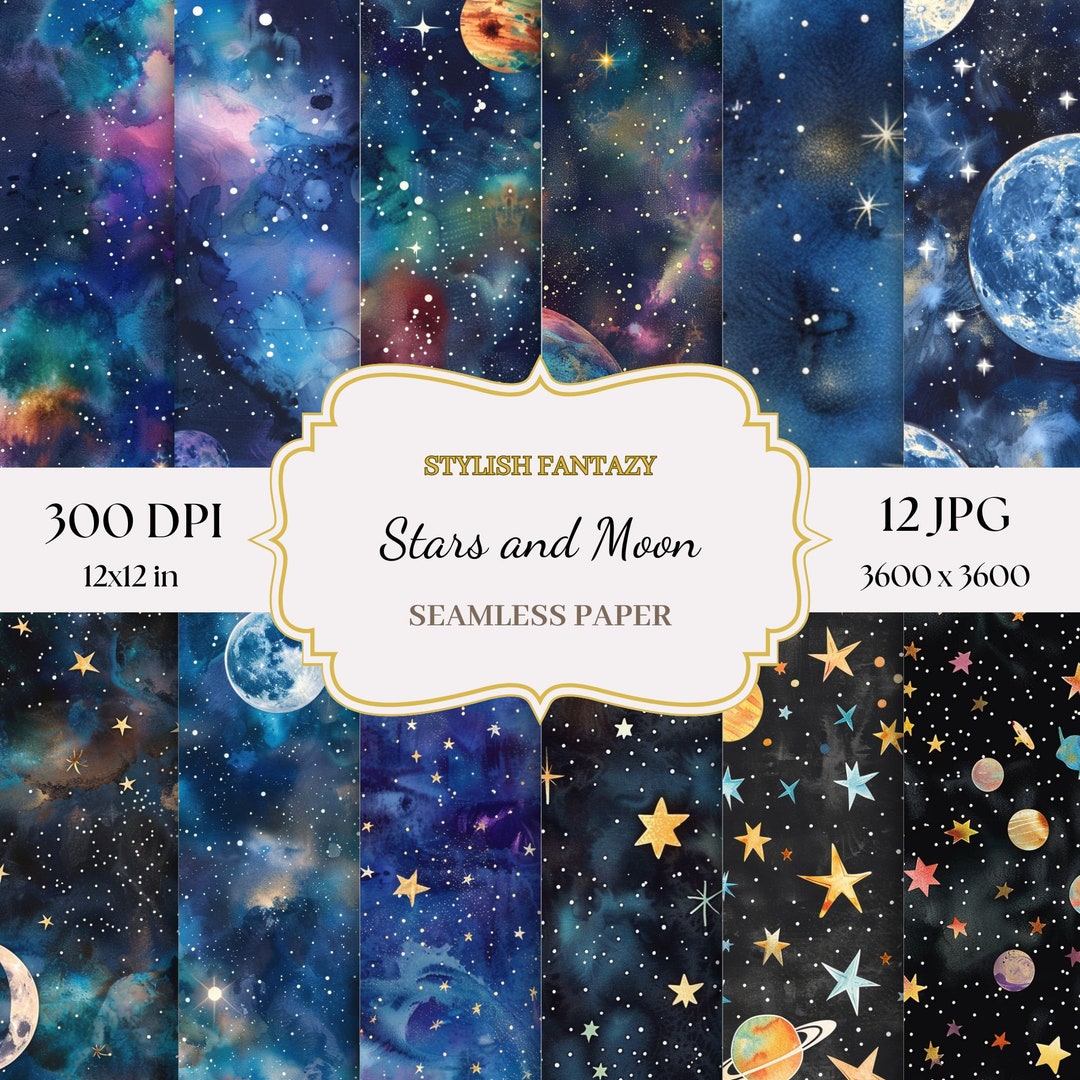 Stars and Moon Digital Paper, Seamless Pattern, 12 High Quality JPG ...