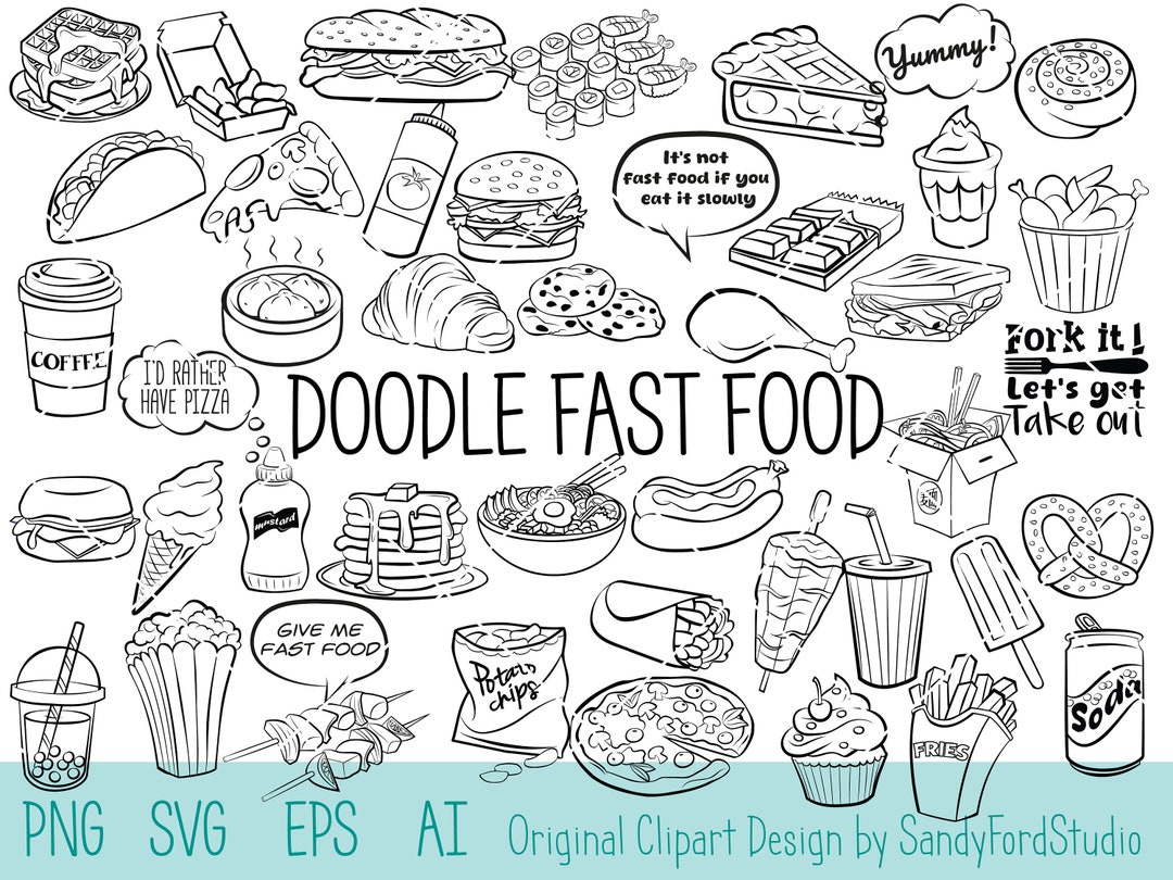 Fast Food Doodle Clipart, Junk Food Doodle Vector Icons, , Hand Drawn ...