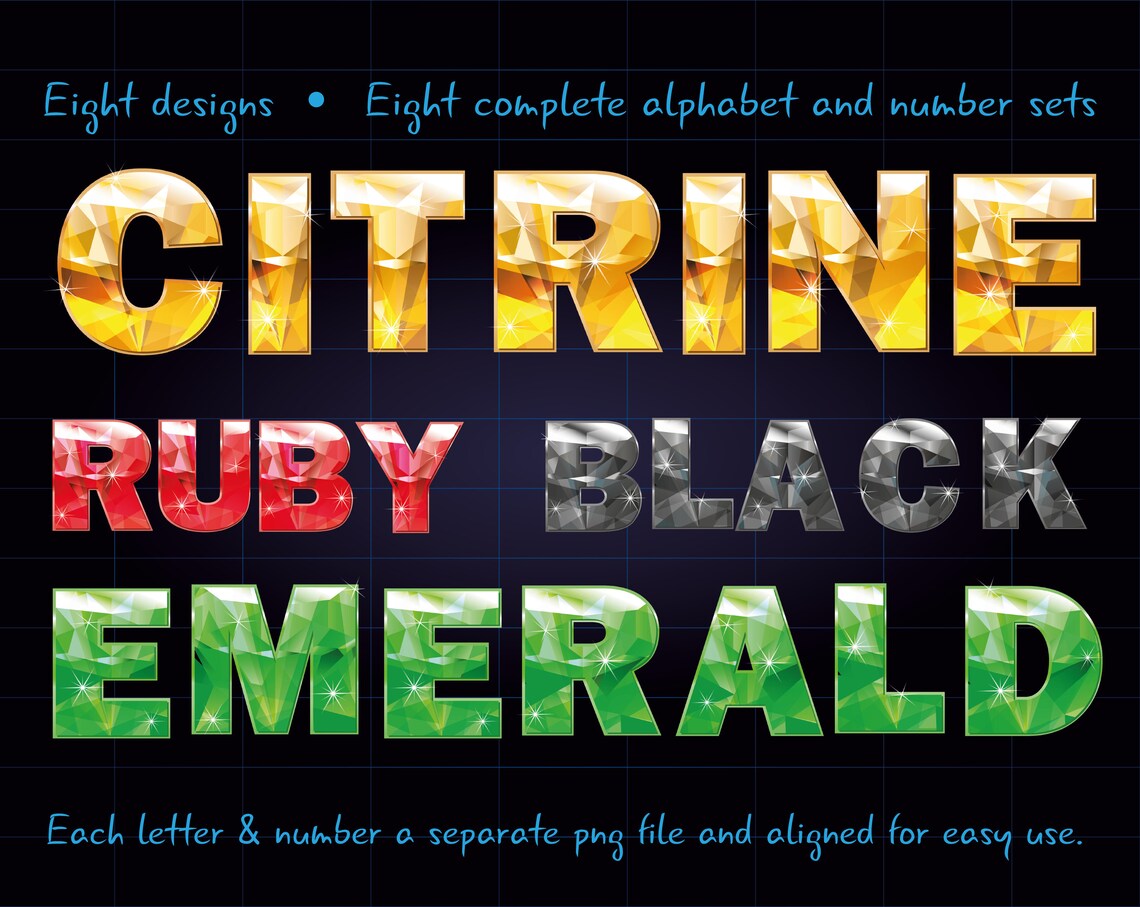 Diamond Gemstone Alphabet: Letters and Numbers PNG (instant Download ...