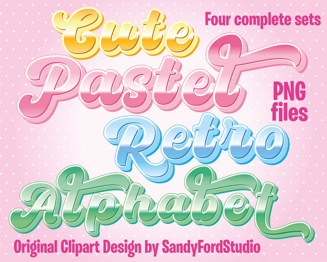 Pastel Retro Font Alphabet: PNG Clipart, Four Color Sets (instant ...