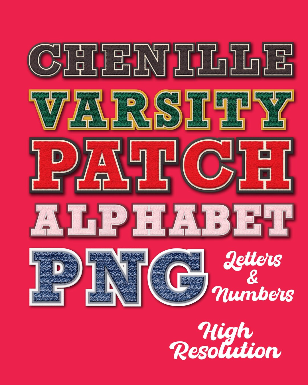 Faux Chenille Varsity Letters PNG Bundle, 5 Color Sets Alphabet ...