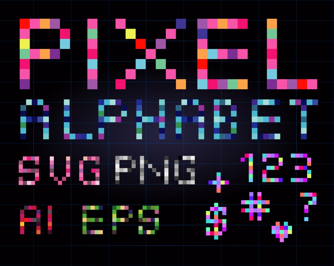 Pixel Alphabet - Full Alphabet and Numbers in Seven Colors - SVG Files ...