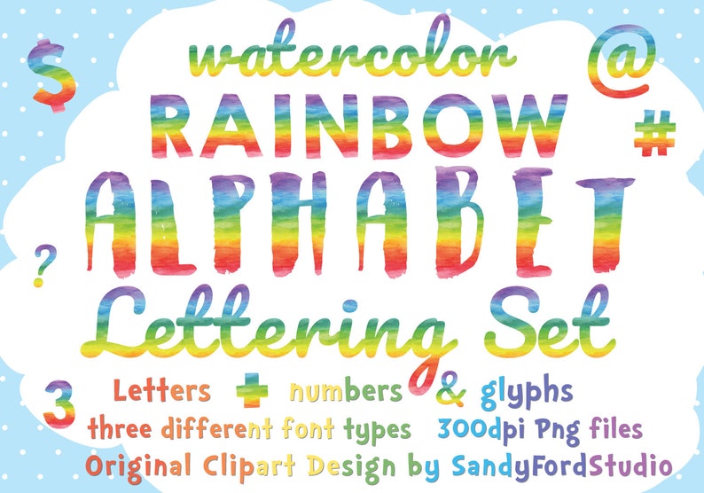 Watercolor Rainbow Alphabet – 3 Lettering Styles With Numbers & Glyphs ...