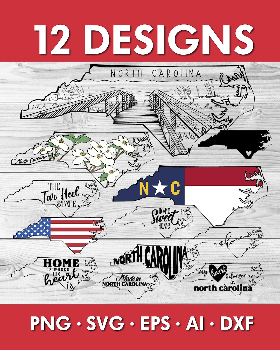 North Carolina SVG Bundle – Hand Drawn State Outlines, Flag, Flower ...