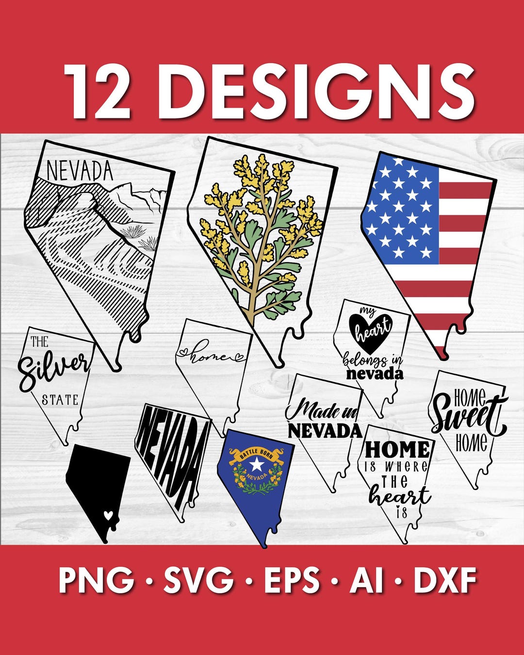 Nevada SVG Bundle – Hand Drawn State Outline, Flag, Flower, Landscape ...