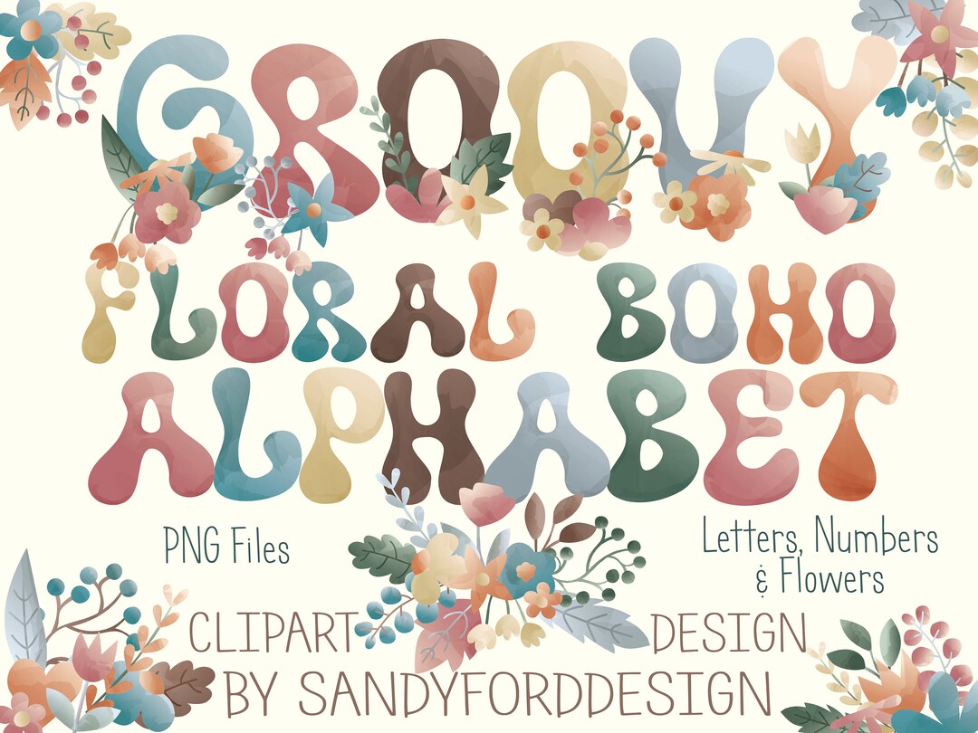 Retro Groovy Boho Floral Alphabet, 70s Groovy Font With Flowers and ...