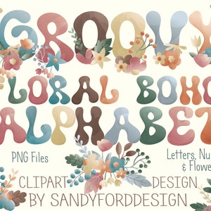 Retro Groovy Boho Floral Alphabet, 70s Groovy Font With Flowers and ...