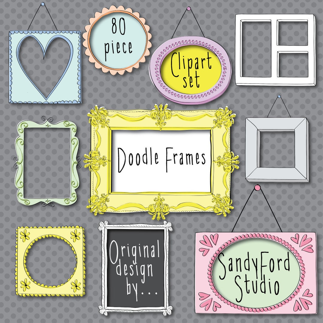 Digital Doodle Frames Clipart - 80 Frames - Pastel Colors - White, Pink ...