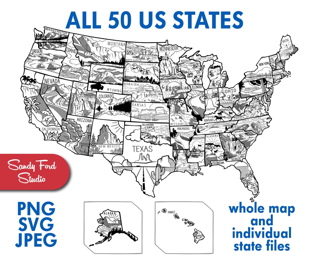 USA State Outlines SVG and PNG Bundle: Clipart, Shapes (digital ...
