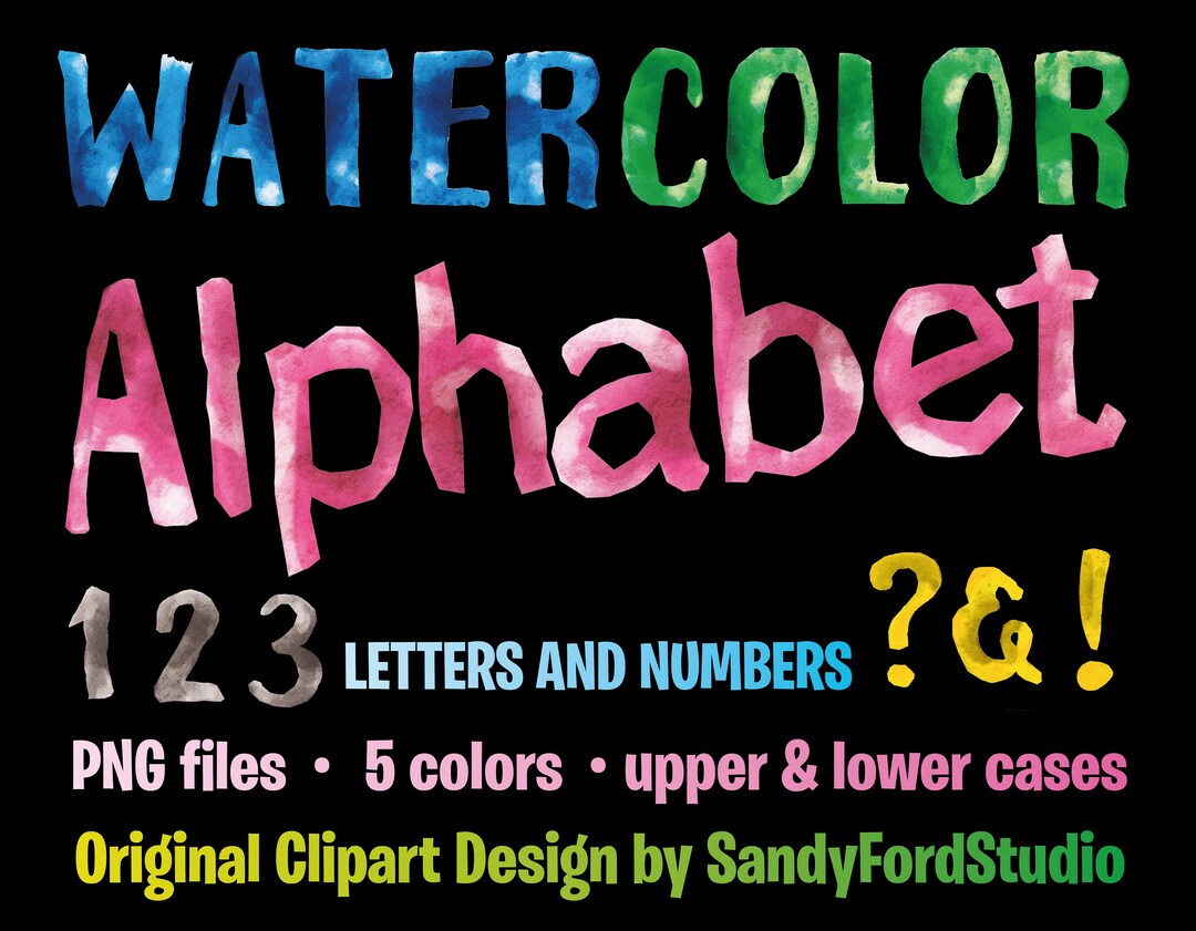Watercolor Alphabet - Letters and Numbers - Blue, Pink, Green, Yellow ...