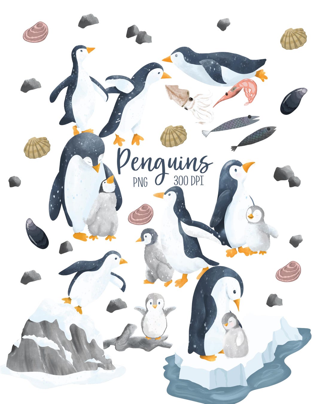 Watercolor Penguin Clipart Set | Cute Penguins & Baby Penguins With ...