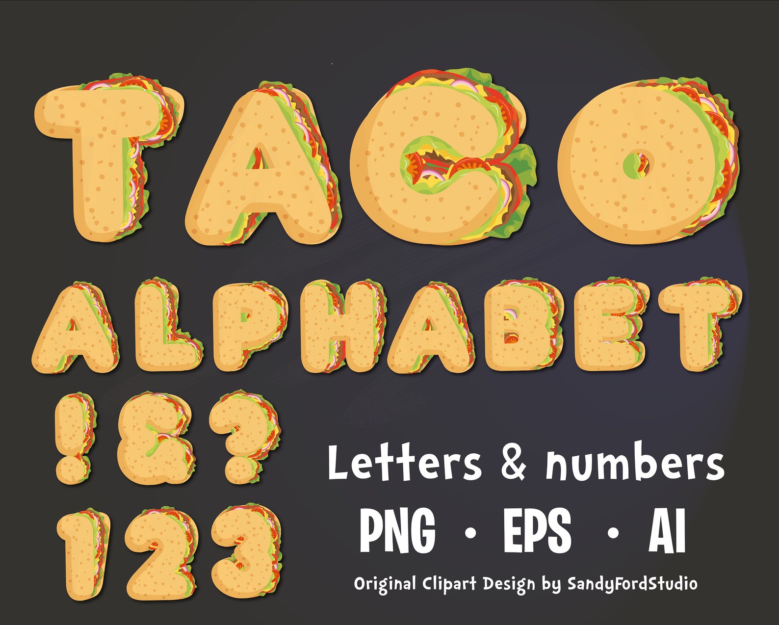 Taco Alphabet Clipart: Letters, Numbers, Glyphs (PNG, EPS, AI) - Etsy