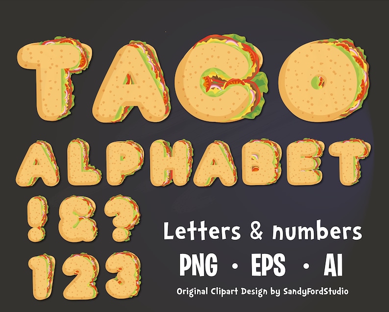Taco Alphabet Clipart: Letters, Numbers, Glyphs (PNG, EPS, AI) - Etsy
