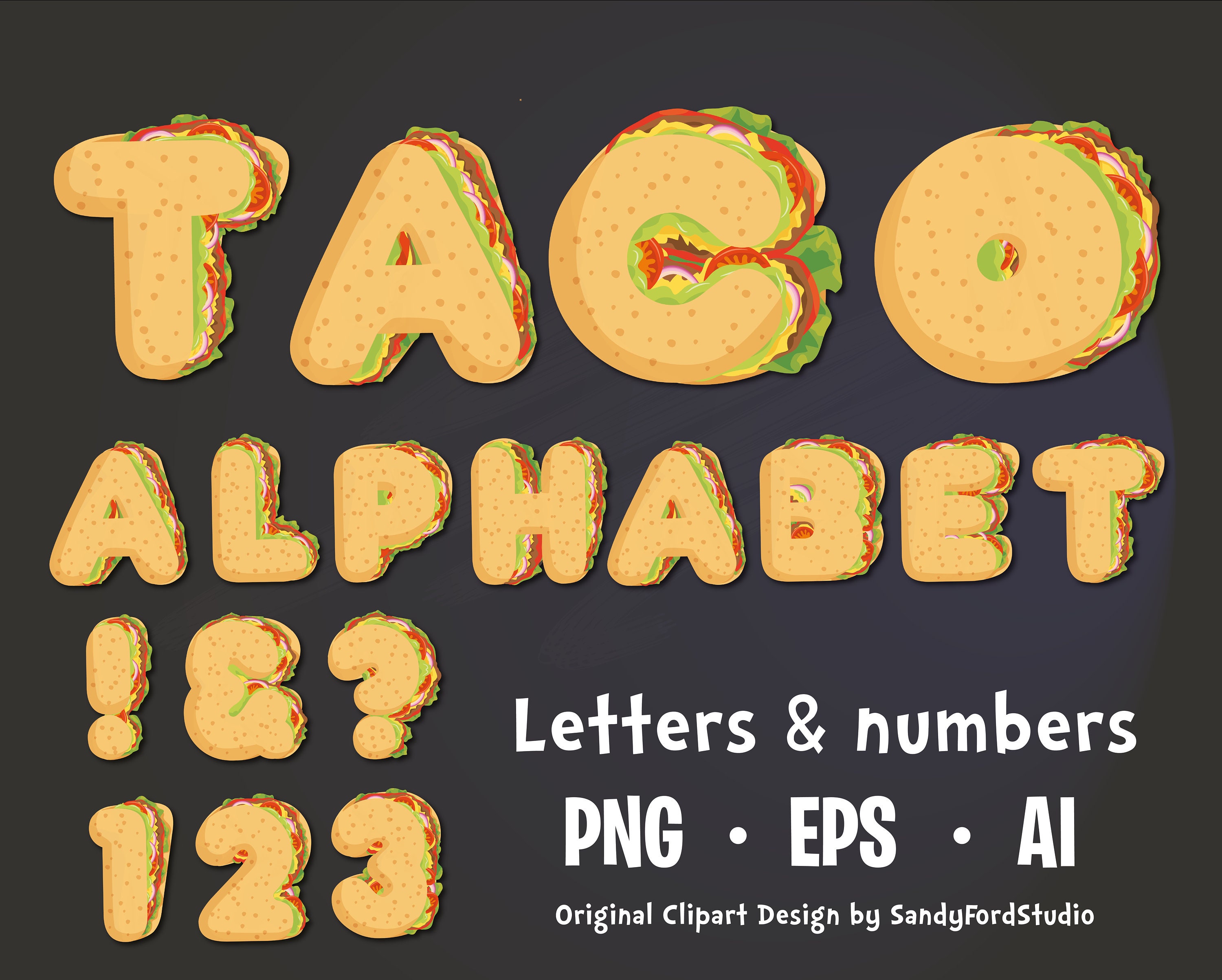 Taco Alphabet Clipart: Letters, Numbers, Glyphs (PNG, EPS, AI) - Etsy