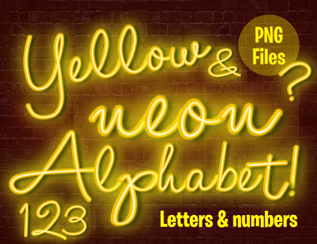 Yellow Neon Alphabet - Yellow Neon Cursive Letters and Numbers, Neon ...