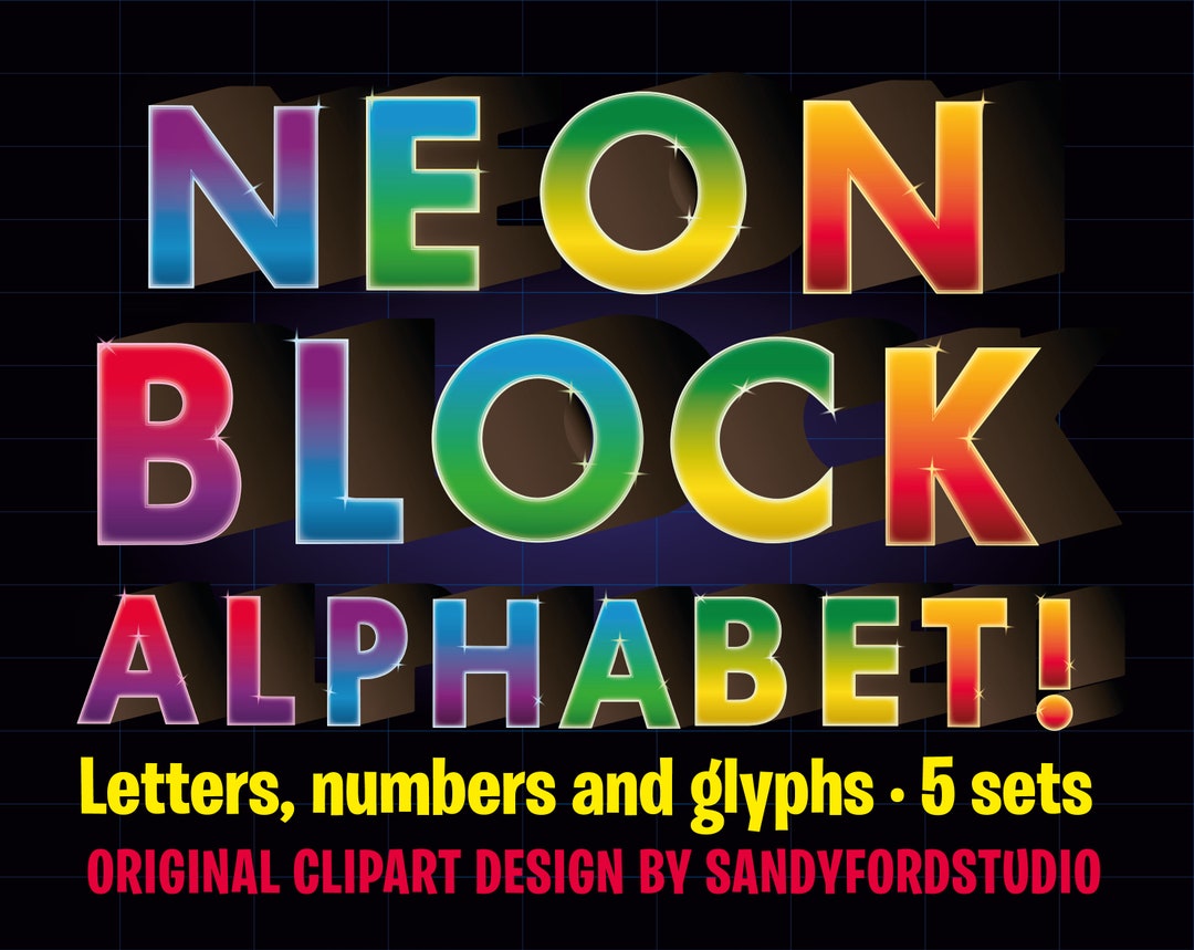 Neon Block 3D Alphabet - Letters, Numbers Glyphs- 5 Sets in Gradient ...
