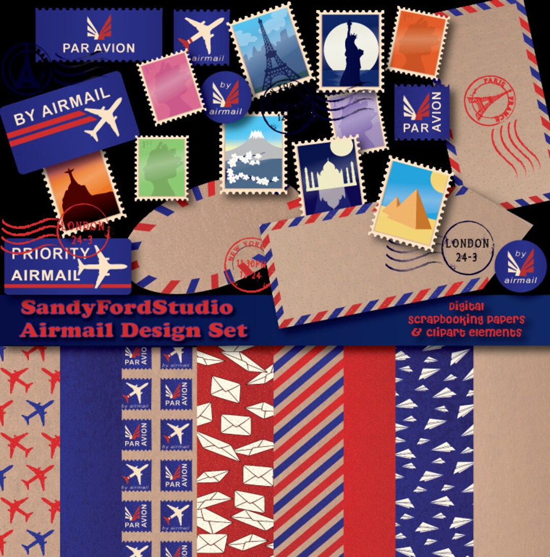 Airmail Design Set - Digital Scrapbooking Papers,clip Art Elements and ...