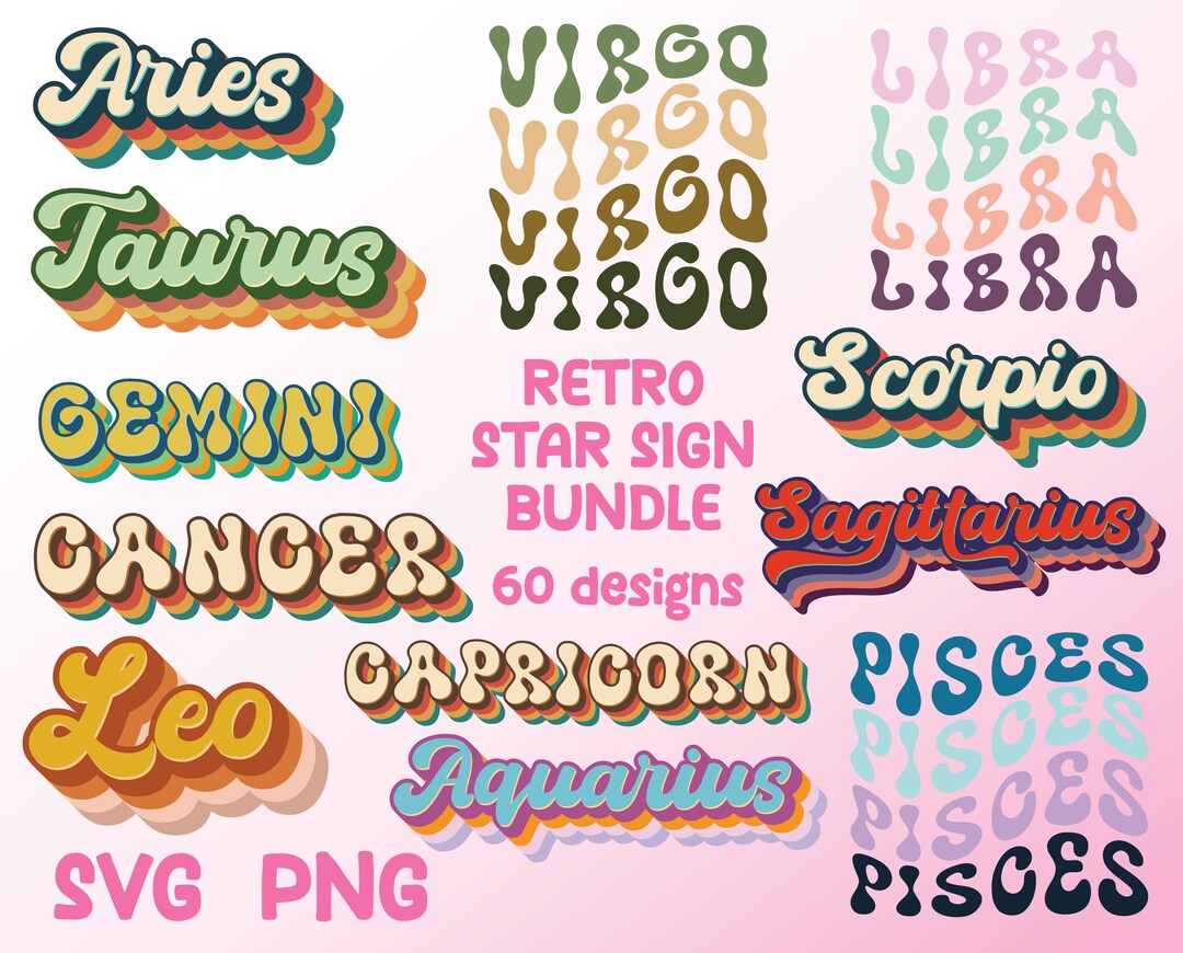 Retro Zodiac SVG PNG Bundle: 70s Groovy Star Signs (instant Download ...