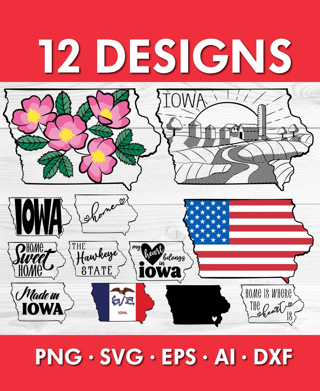 Iowa SVG Bundle – Hand Drawn State Outline, Flag, Flower, Landscape Png ...
