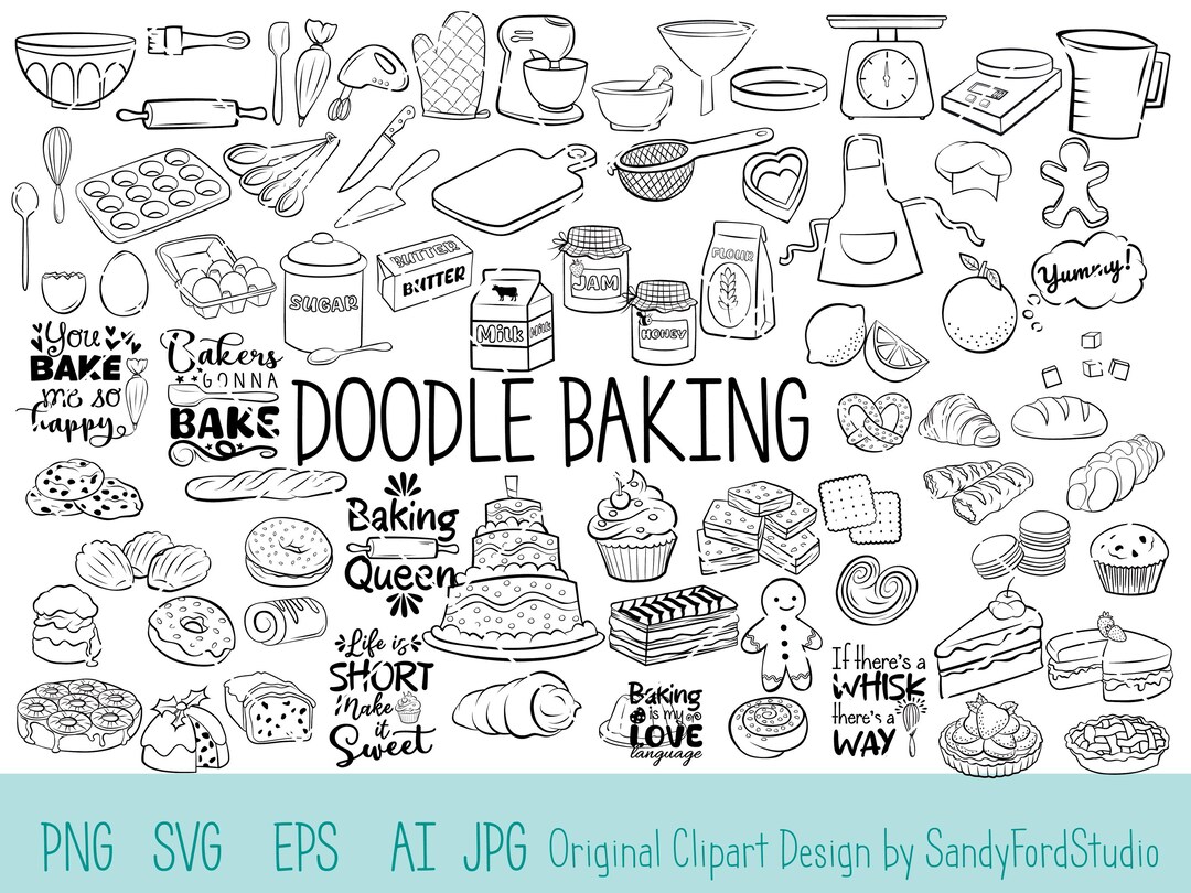 Baking Doodle Clipart, Cake Doodle Vector Icons, Hand Drawn Cooking SVG ...