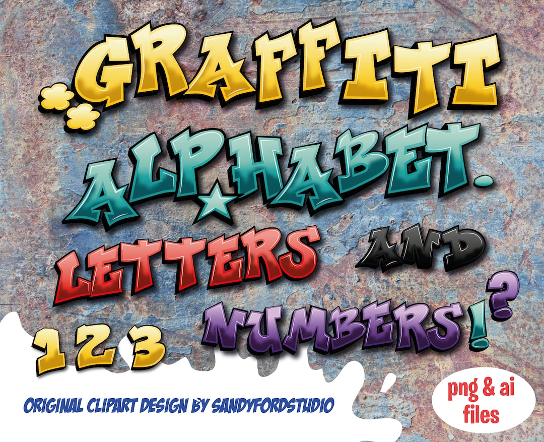 Graffiti Clipart Alphabet - Letters, Numbers - Red, Purple, Turquoise ...