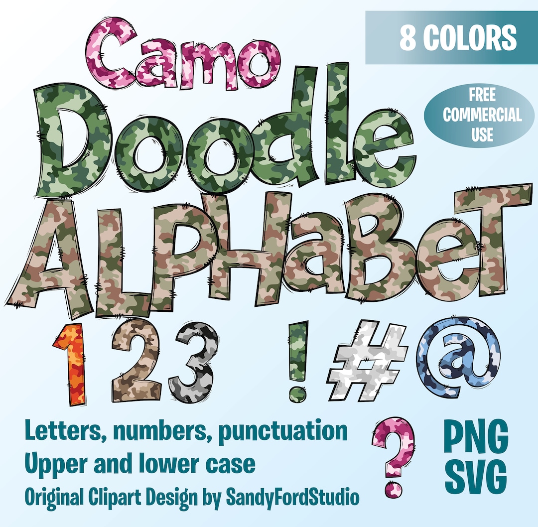 Camouflage Doodle Alphabet & Numbers - Camo Letters SVG PNG - Eight ...