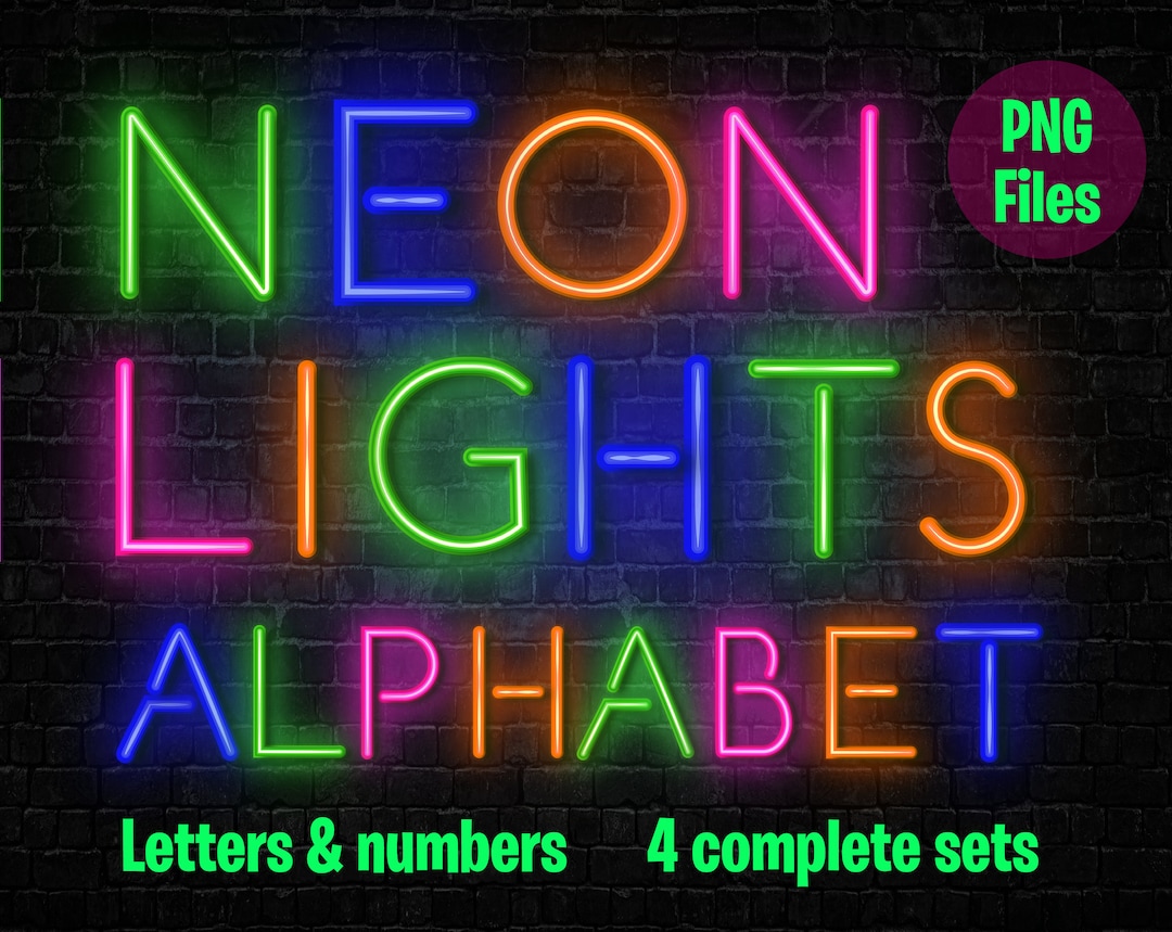Neon Lights Alphabet PNG: Colorful Letters and Numbers (instant ...