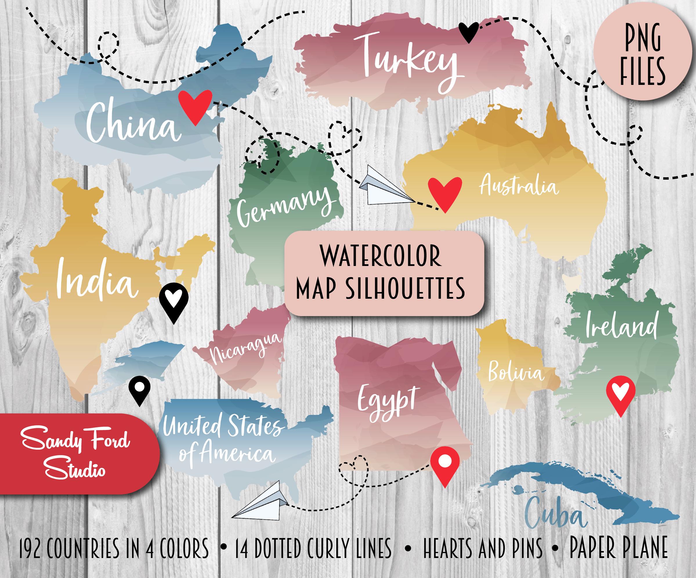 Watercolor World Map Silhouettes: Country Outlines Clipart (PNG Files ...