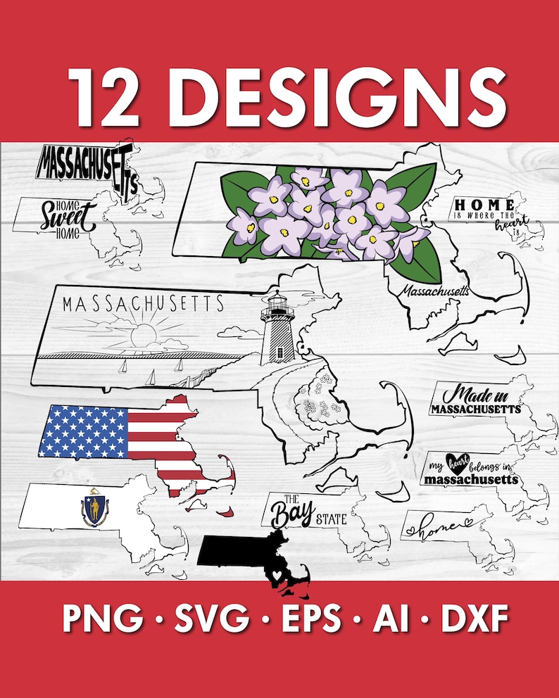 Massachusetts SVG Bundle – Hand Drawn State Outline, Flag, Flower ...