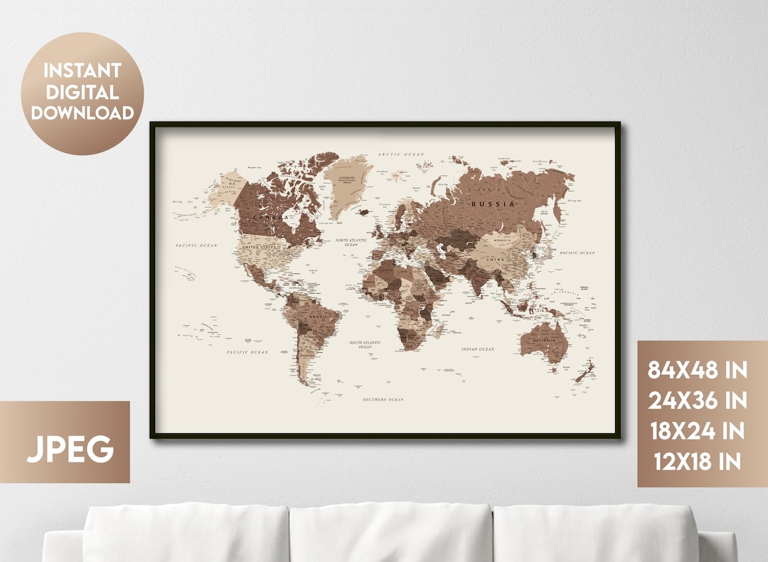 Neutral World Map Print: Detailed Beige & Brown Boho Travel Art ...