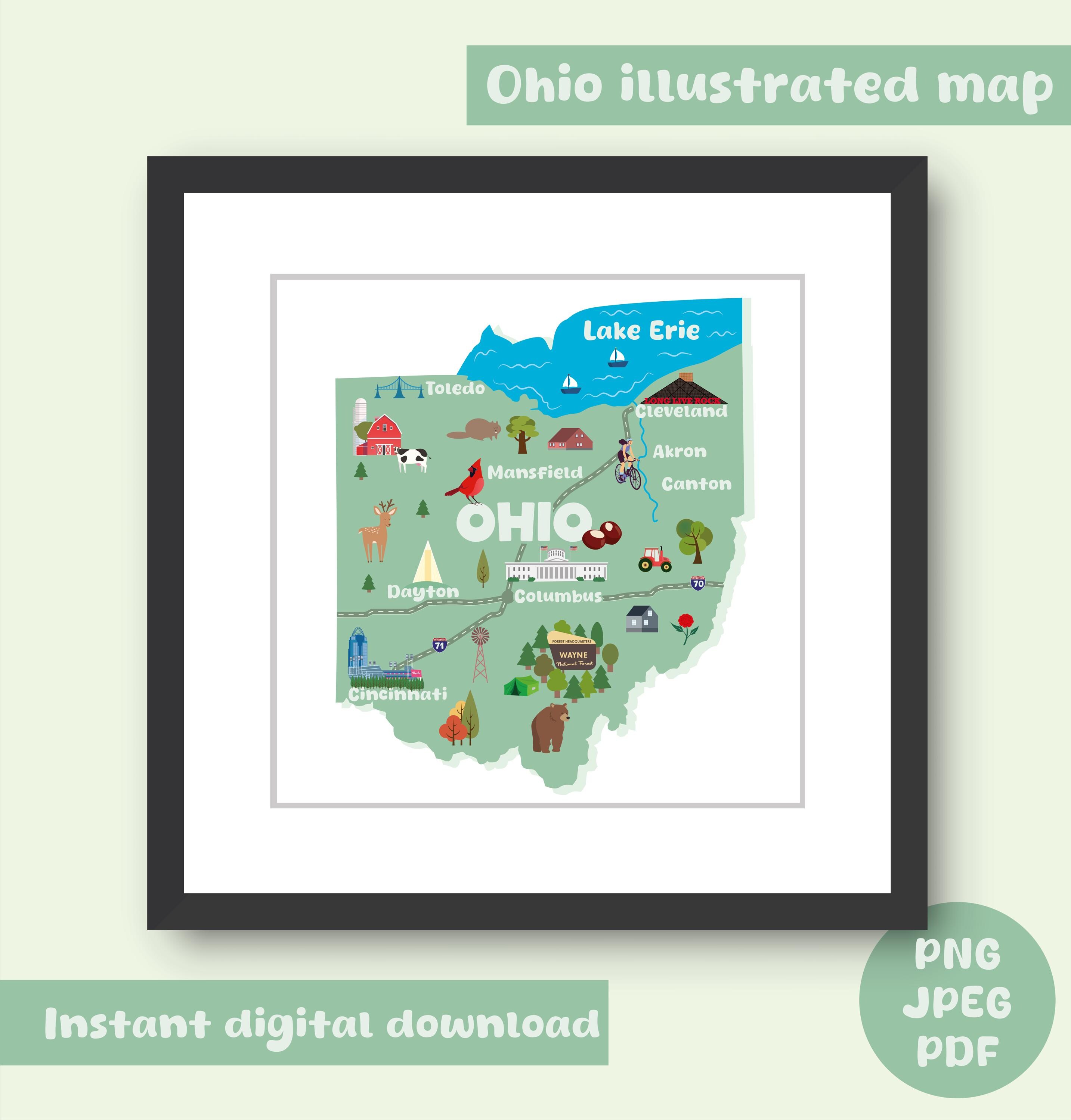 Ohio Illustrated Map: Colorful State Wall Art (digital Download) - Etsy