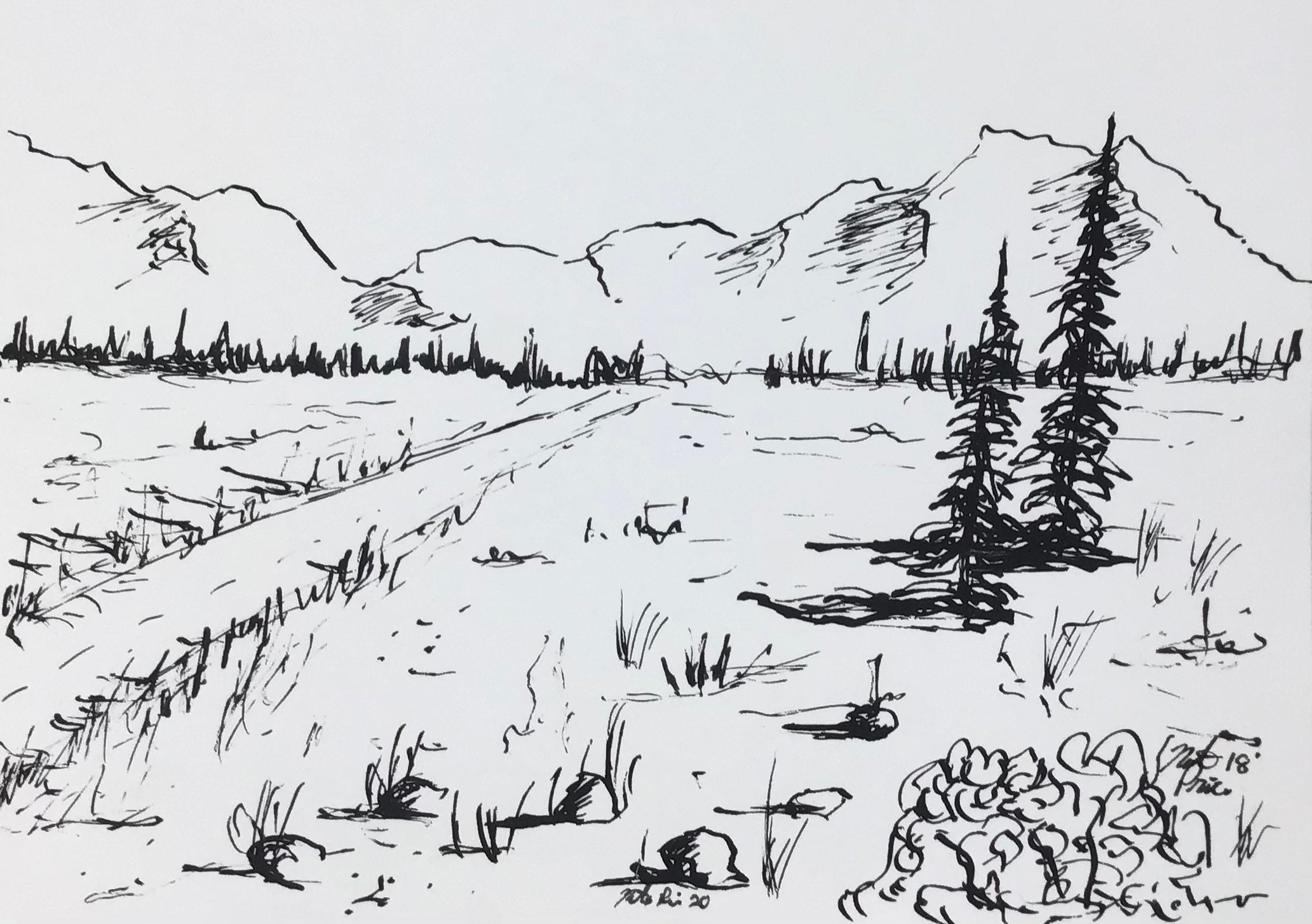 Pen and ink landscape drawing 5x7 | Etsy