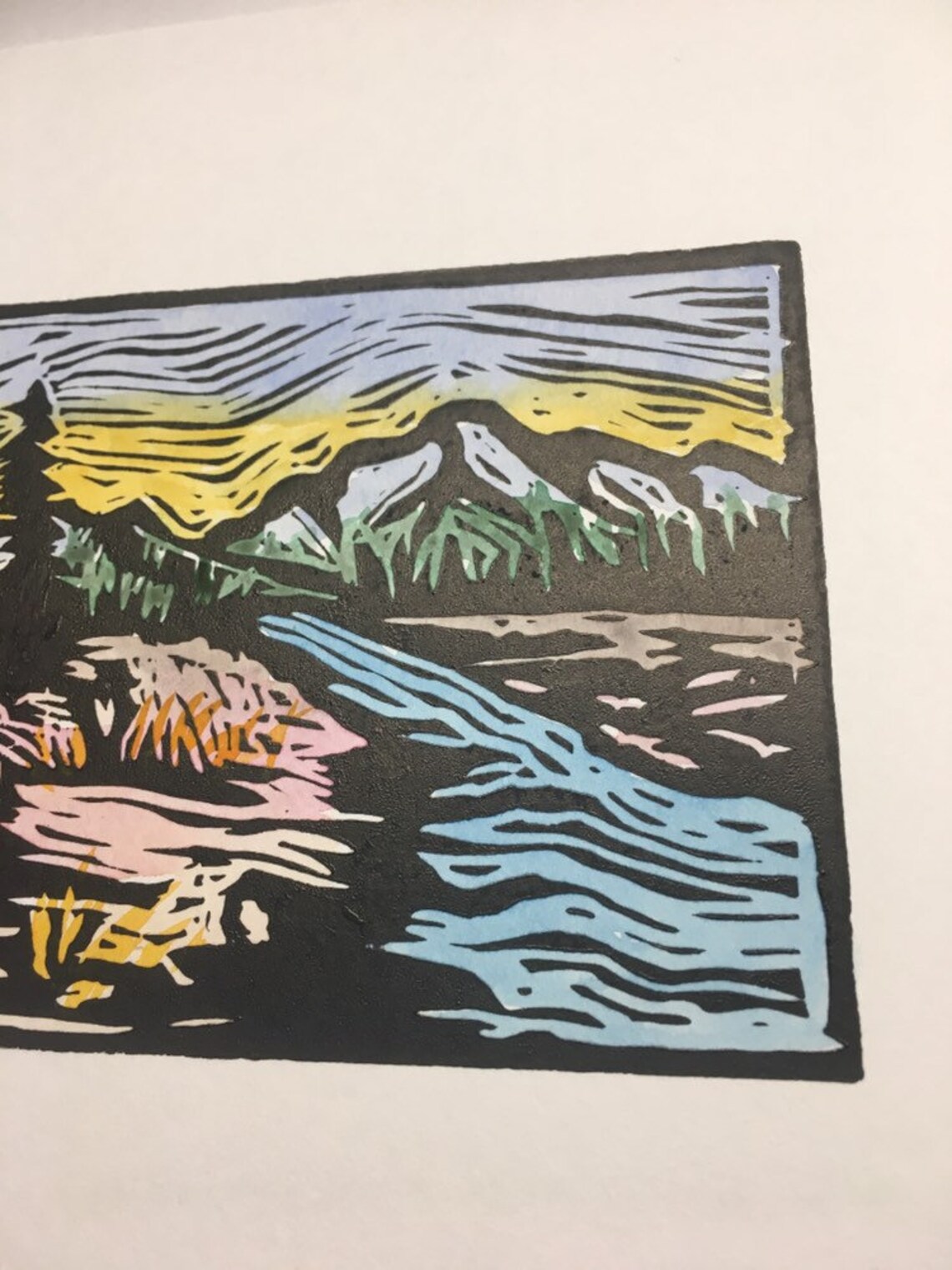 Original Linoldruck Landschaft und Aquarell 8x10 | Etsy