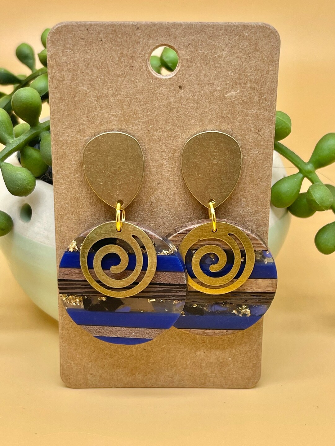 Boho Style, Dangle Drop Earrings, Geometric Raw Brass, Resin Strip Wood ...