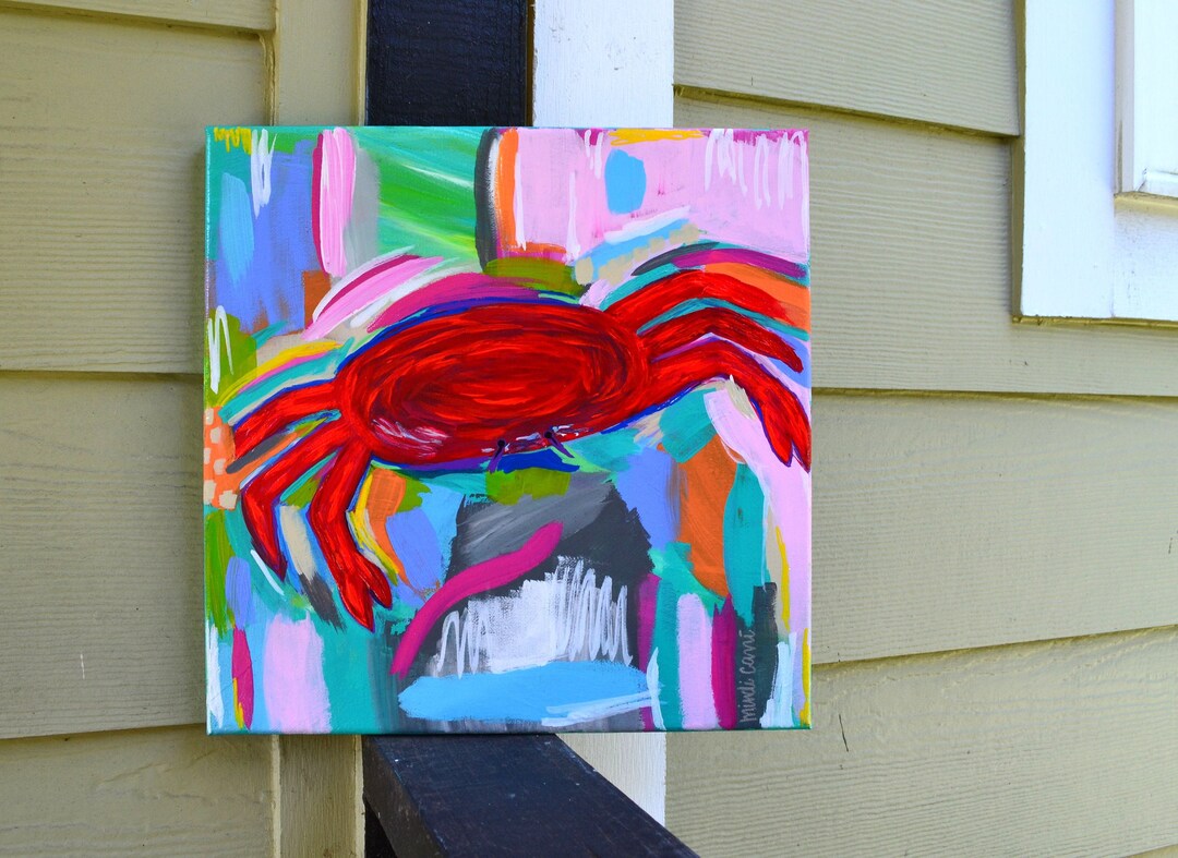 Acrylic Crab Art, Coastal Crustacean Painting, Vibrant Ocean Decor ...