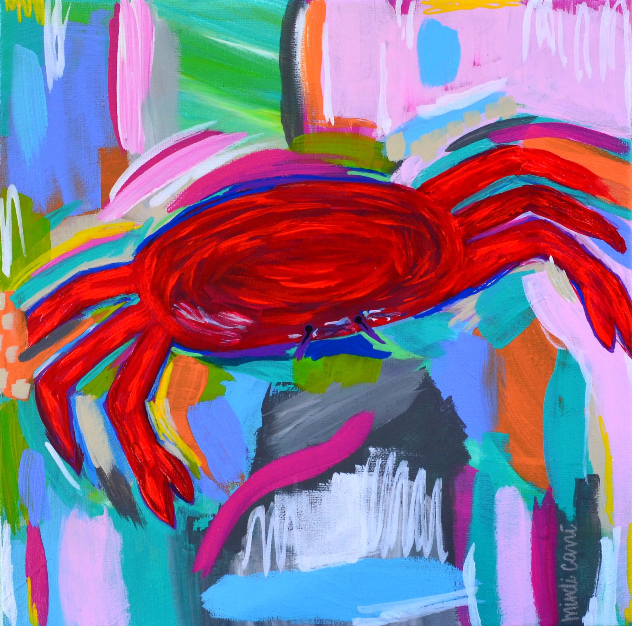 Acrylic Crab Art, Coastal Crustacean Painting, Vibrant Ocean Decor ...