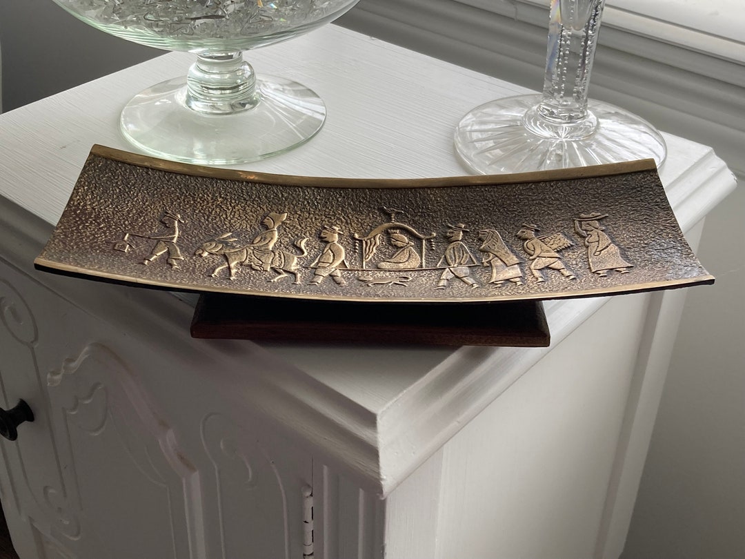 Vintage MCM Solid Brass and Oak Curved Table Centerpiece Tray Candy ...