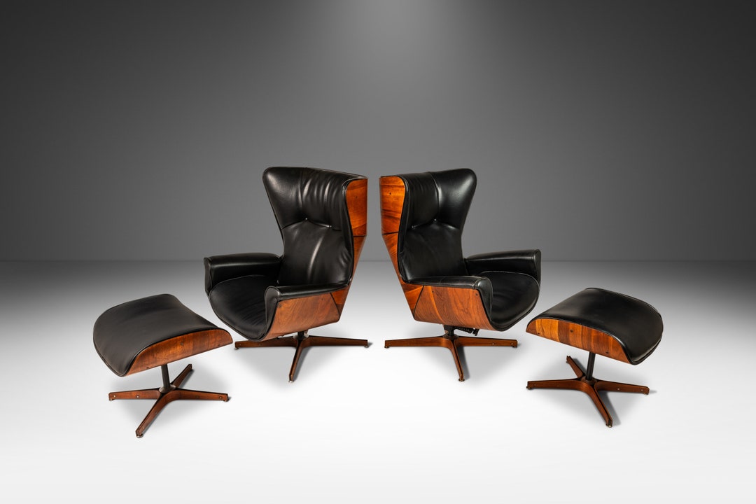 Set of Two 2 Rare MCM mr. Chair Wingback Lounge Chairs W/ Matching Ottomans by George Mulhauser ...