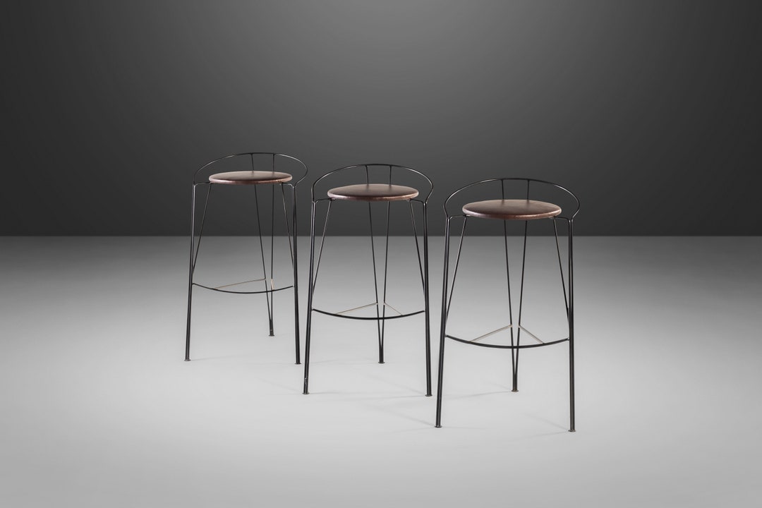 Set of Three (3) Post Modern "silver Moon" Bar Stools W/ New Leather ...