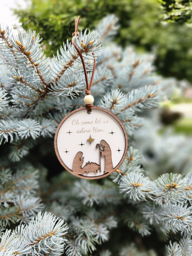 Nativity Christmas Ornament: Engraved Holy Family, Rustic Farmhouse ...