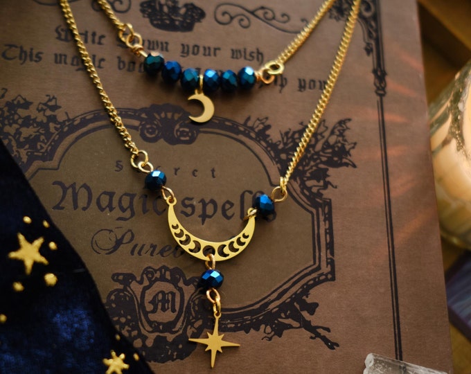 Double-strand Whimsigoth Necklace With Moon and Star Charm, Celestial ...