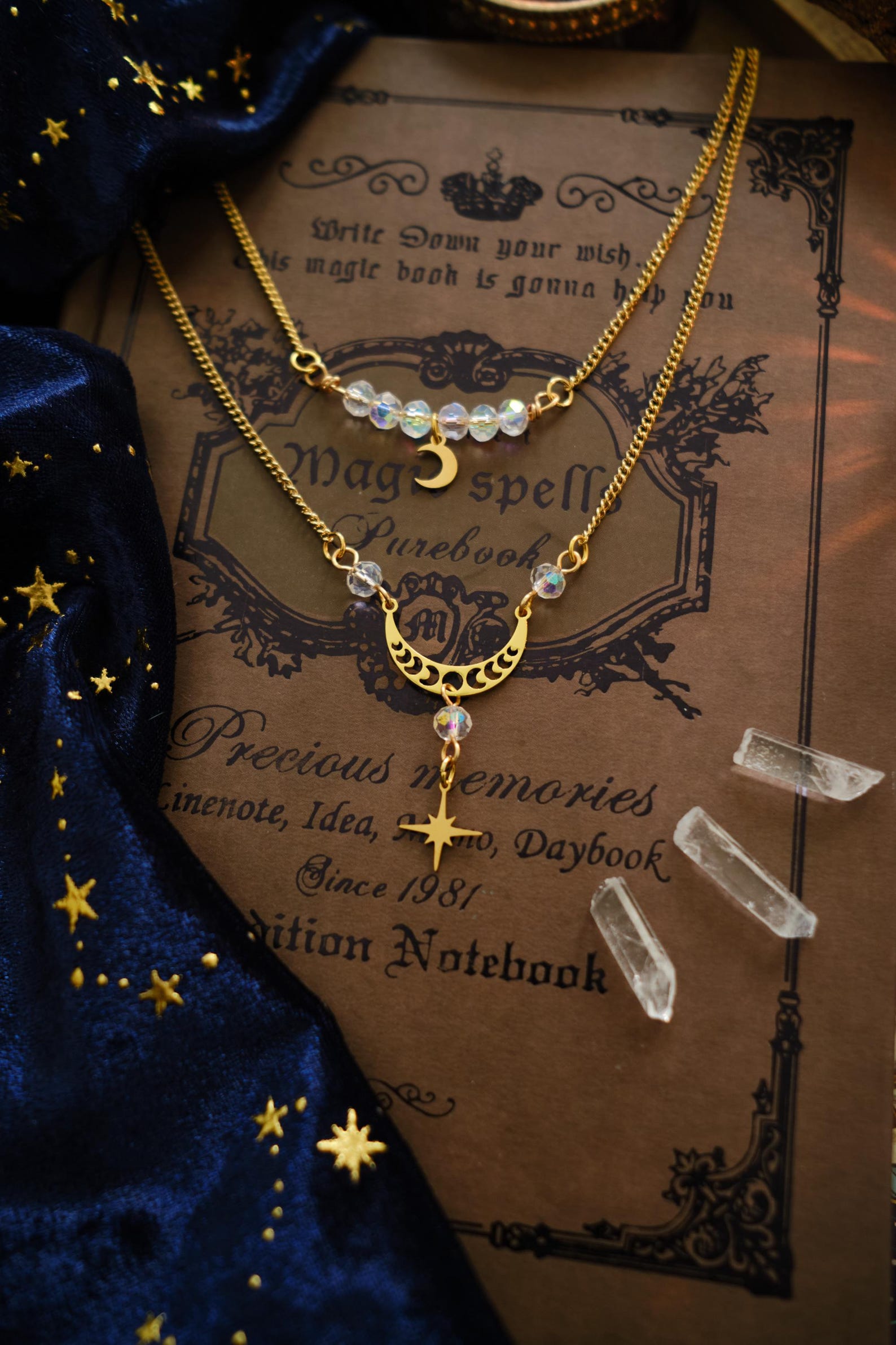 Double-strand Whimsigoth Necklace With Moon and Star Charm, Celestial ...