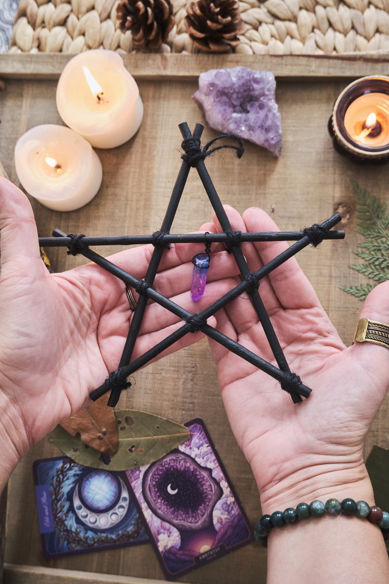 Wood Pentagram in Black With Crystal Pagan Wall Hanging - Etsy