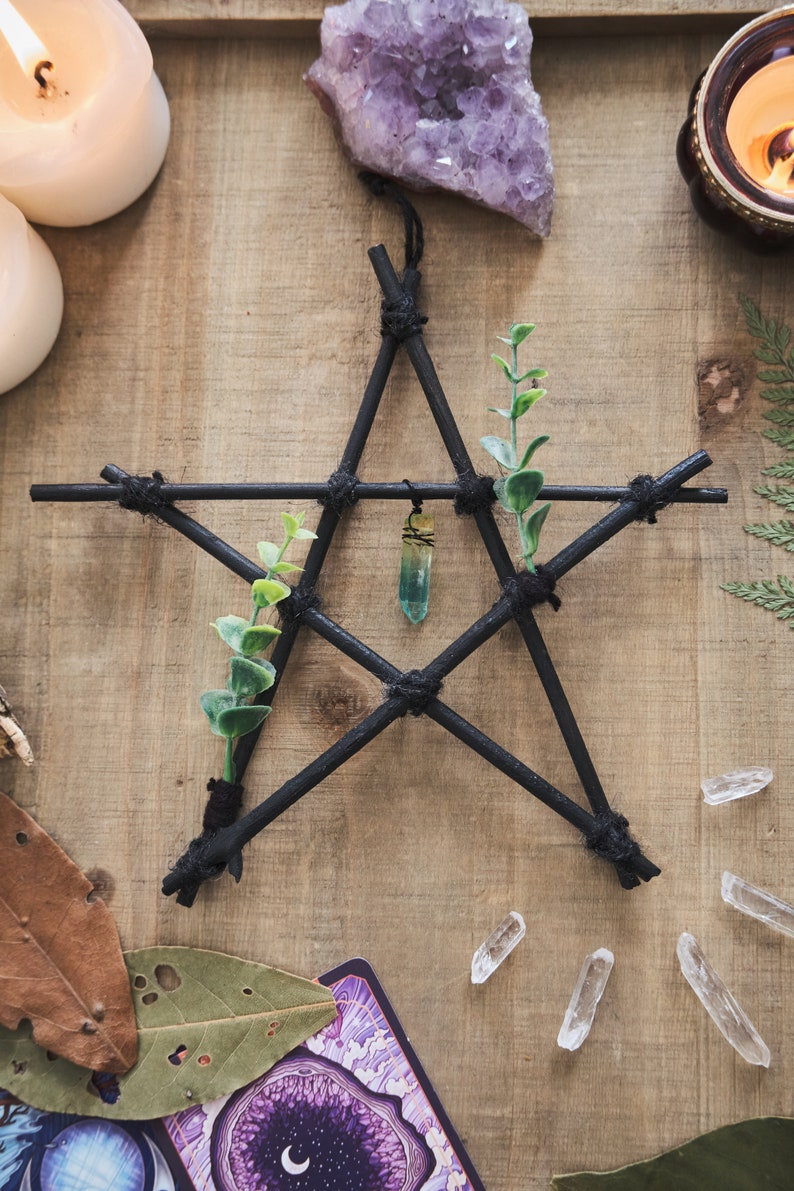 Wood Pentagram in Black With Crystal Pagan Wall Hanging - Etsy