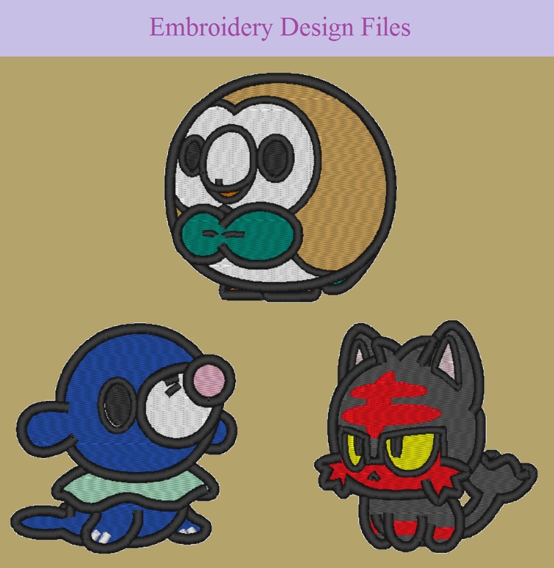 Pokemon Pokedoll Digital Embroidery Files: Alolan Starters Rowlet, Litten, and Popplio PES Set ...