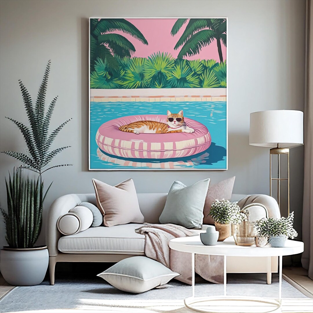 Pool Art, Cat Art, Swimming Poster, Animal Art Print, Swimming Pool ...