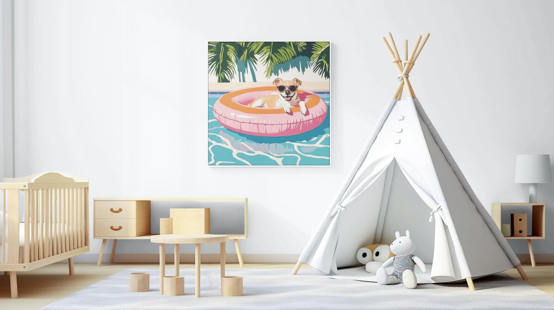 Pool Art, Dog Art, Swimming Poster, Animal Art Print, Mid Century ...