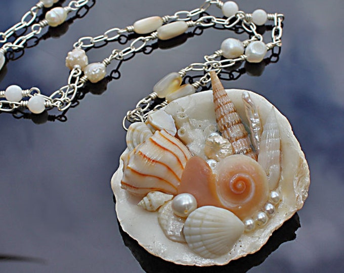 Long Seashell Necklace Mosaic Seashell Pendant Mermaid - Etsy
