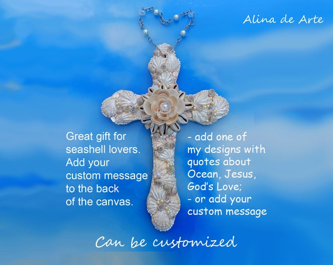 Seashell Cross 7"x9" With Seashell Flower, Can Be Customized on Back ...
