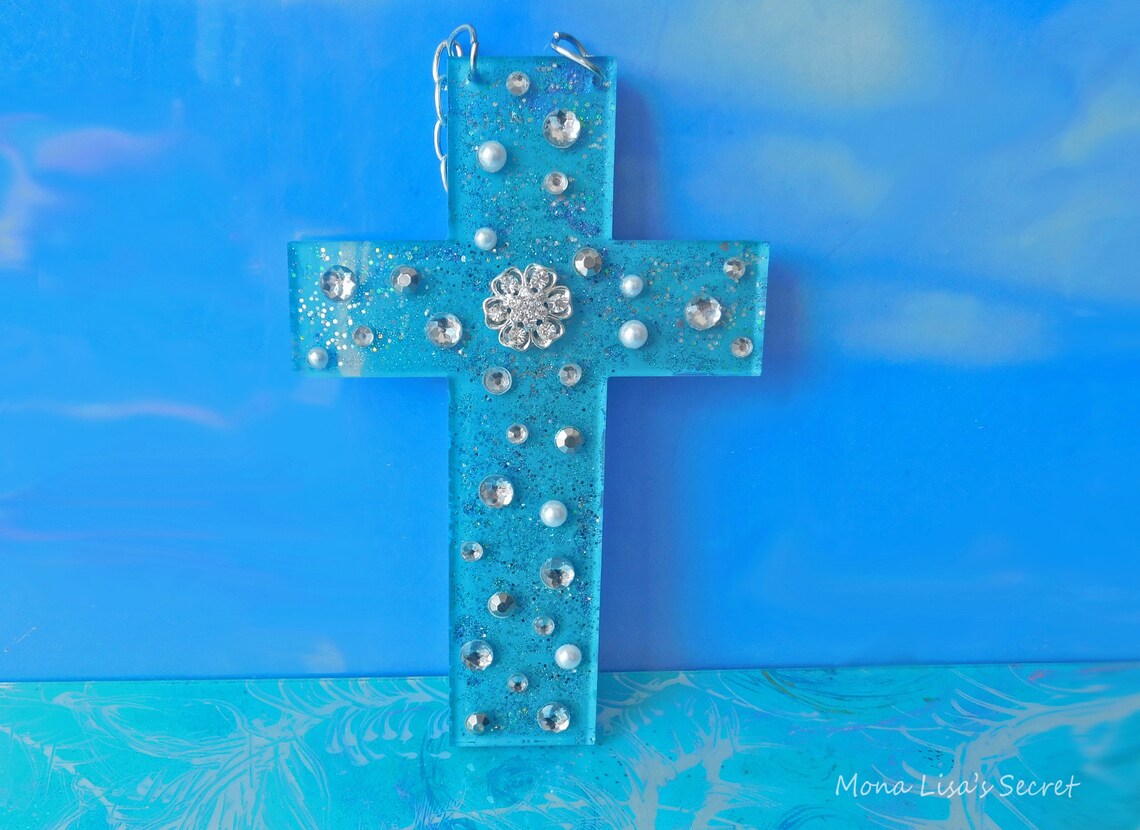 Cyan Blue Glitter Cross Acrylic Cross Ornament With - Etsy